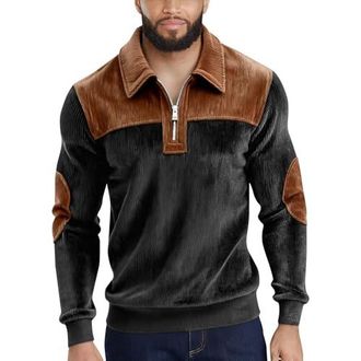 Generic Pull c&ocirc;tel&eacute; r&eacute;tro pour homme, col montant patchwork quart de fermeture &eacute;clair, sweat-shirt d&eacute;contract&eacute; &agrave; fermeture &eacute;clair 1/4, Noir, XXL