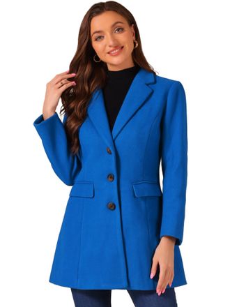 Allegra K Damen Wollmantel Revers Knopfleiste Wintercoat Mantel Tiefes Blau XS