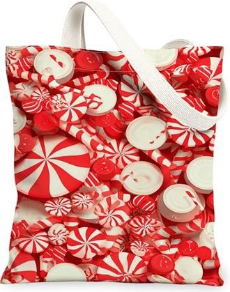Generic Sacs fourre-tout en toile &agrave; motif bonbon, sacs d&eacute;picerie r&eacute;utilisables festifs rouges et blancs, sacs d&eacute;picerie vintage, l&eacute;gers et lavables &agrave; l&eacute;paule,