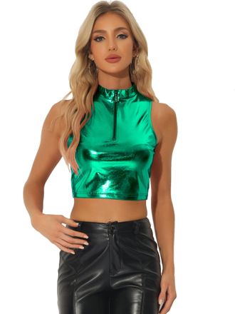 Allegra K Damen Tanktop &Auml;rmellos Rei&szlig;verschluss Metallic Oberteil Party Holographic Crop Top Bluse Gr&uuml;n S