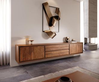 DELIFE Lowboard Live-Edge 300 cm Akazie Braun 4 T&uuml;ren 2 Sch&uuml;be schwebend, Lowboards, Baumkantenm&ouml;bel, Massivholzm&ouml;bel, Massivholz