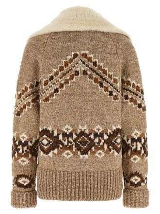 Ermanno Scervino Fair Isle Knit with Sheepskin Collar Jacket - Beige