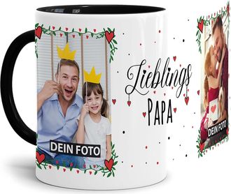 Tassendruck Tasse - Lieblings-Papa - zum selbst Gestalten mit zwei Fotos - personalisierbare Fototasse für Papa aus Keramik, Innen & Henkel Schwarz, 300 ml