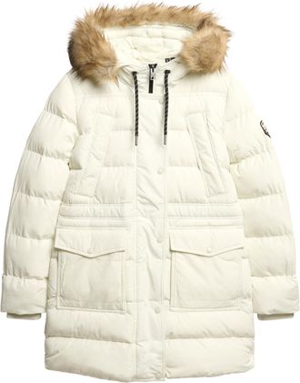 Superdry Damen Mittellanger Everest Steppmantel mit Kunstfellbesatz Wollweiß 40