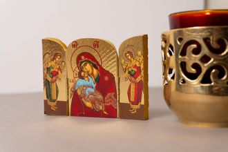 Generic Kleine Triptychon-Ikone aus Holz mit Jungfrau Maria (Theotokos) und Erzengel, griechisch-orthodoxe Ikone, Heimdekoration, orthodoxes Geschenk