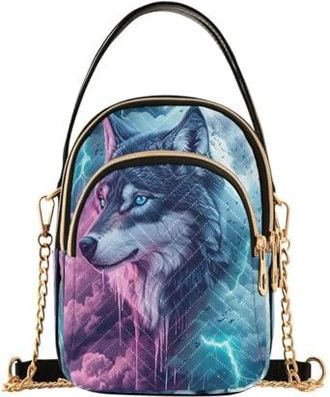 Mnsruu Petit sac &agrave; bandouli&egrave;re en cuir pour femme Motif loup et nuage