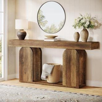 Tribesigns Console Bois, 160&times;30&times;85cm Console Dentr&eacute;e Base en U, 2 Niveaux Meuble Dentr&eacute;e pour Entr&eacute;e, Couloir et Salon, Marron Clair