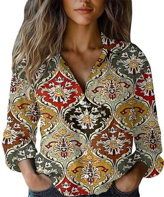 Generico Chemise Femme d&Eacute;t&eacute; Curvy &agrave; Manches Longues Chemises Coton Et Lin D&eacute;contract&eacute; Grande Taille T Shirt Col en V Mode Chemisier Vintage Fantaisie avec Bout