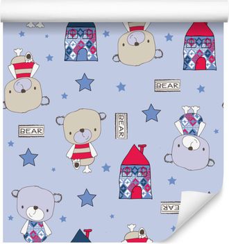OEM Carta Da Parati Con Orsetti, Stelle E Case Per Soggiorno E Camera Da Letto, 50x1000 Cm