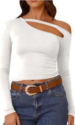 Generico Top élégant pour femme à manches longues coupe étroite avec décolleté irrégulier et creux T-shirt court pour femme à porter comme cape, blanc, XL
