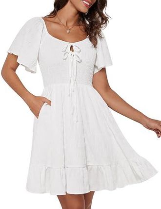 Grace Karin Mini robe dété décontractée à manches courtes à volants nouée sur le devant pour femme, blanc, L