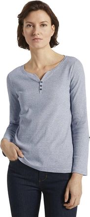 Tom Tailor Damen Henley Longsleeve mit Streifen aus Bio-Baumwolle, 26053 - Offwhite Navy Small Stripe, XS
