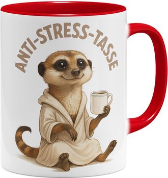 OM3 Erdm&auml;nnchen Anti-Stress Kaffee-Tasse - Lustige Meerkat Keramiktasse mit Tier-Motiv - Keramik Becher - 325ml - Beidseitig Bedruckt - Rot