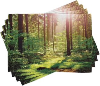 Abakuhaus Wald Platzmatten 8 Stück, Wald Frühling Zeit Sonnenuntergang Moos Woods Wildnis Fantasy Magical Aussicht Druck, Waschbare Stoff Esszimmer Küche Tischd