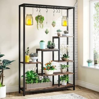 Tribesigns Support pour plantes dint&eacute;rieur &agrave; 5 niveaux, grande &eacute;tag&egrave;re en m&eacute;tal de 70,9 pouces avec 10 crochets de suspension en s, pr&eacute;sentoir de pots de