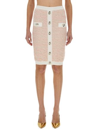 Balmain Tweed Midi Skirt - Pink