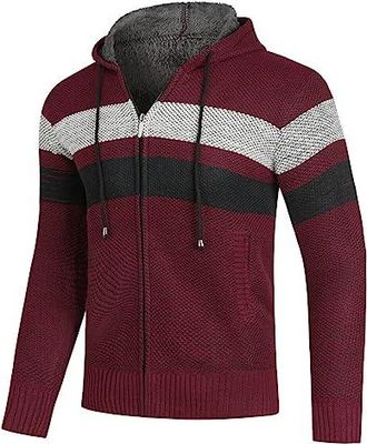 AlltheMen Cardigan à Capuche Homme zippé en Tricot Gilet Manches Longues de Couleur Uni épais Casual dhiver Vin Rouge 3XL