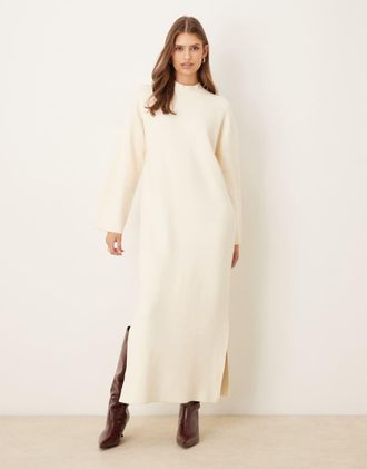 Vero Moda Robe longue en maille &agrave; encolure montante - Cr&egrave;me-Blanc