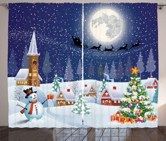 Abakuhaus Weihnachten Rustikaler Gardine, Winterlandschaft, Schlafzimmer Kräuselband Vorhang mit Schlaufen und Haken, 280 x 245 cm, Weiß Blau