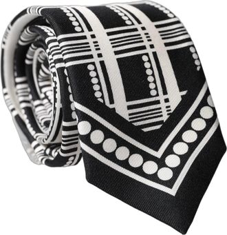 Dolce & Gabbana Black White Abstract Silk Adjustable Men Tied Necktie Tie And