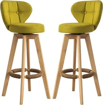 Generic Moderner Drehbarer Barhocker Aus Massivholz mit Gepolsterter R&uuml;ckenlehne, Abnehmbarem Und Waschbarem Sitz, Fu&szlig;st&uuml;tze Aus Hanfseil, 73 cm Hoch, Farbe: 