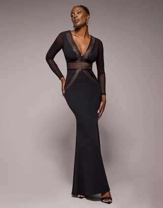 Goddiva Robe longue crois&eacute;e fendue sur lavant - Noir scintillant