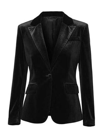 Allegra K Blazer en Velours Femme &agrave; Revers Crant&eacute;, Manches Longues, Veste de Costume &agrave; Un Bouton pour Bureau Habill&eacute; Costume de No&euml;l Noir XS
