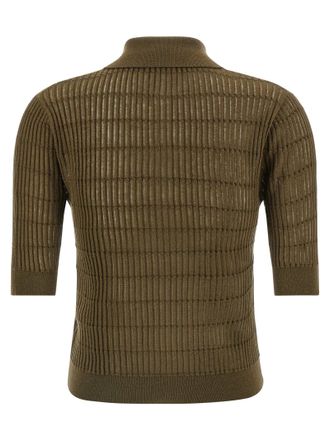 Max Mara Ribbed Wool-Silk Knit Polo Shirt - Olive