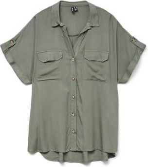 Vero Moda Chemise rayée à Manches Courtes pour Femme avec Poches Poitrine et Patte de Boutonnage, Vert, S