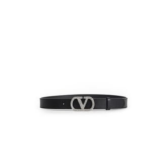 Valentino Crystal V Logo Leather Belt