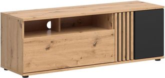 PEGANE Meuble TV &agrave; 1 porte et tiroir avec d&eacute;cor lamelles,coloris Ch&ecirc;ne artisan/Noir - Longueur 135,5 x Profondeur 40 x Hauteur 46,5 cm