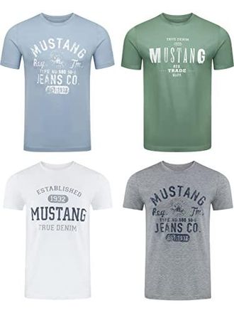 Mustang Jeans Lot de 4 t-Shirts pour Homme avec imprimé sur Le Devant et col Rond - Mélange de Couleurs Bleu et Noir - Multicolore - XX-Large - Mélange de Couleurs 