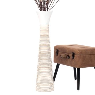 Leewadee Gro&szlig;e Deko Bodenvase F&uuml;r Dekozweige, Hohe Standvase F&uuml;r Pampasgras, Design Holzvase, 85 cm, Wei&szlig;