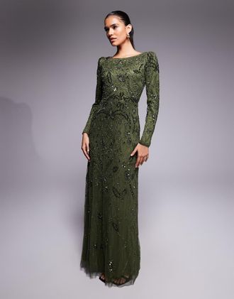 Beauut Robe longue en tulle orn&eacute;e de perles &agrave; encolure bateau - Vert