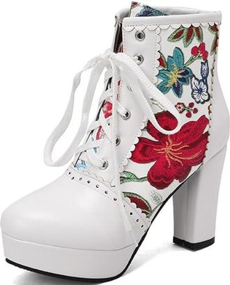 SJJH Bottes de cheville &agrave; lacets r&eacute;glables | Bottes pour femme pour occasions polyvalentes, talon de 9,5 cm, motif floral, polyvalent, rouge, 37 EU