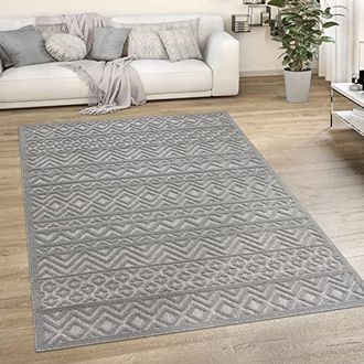 Paco Home Tapis Exterieur Terrasse Salon Cuisine Motif Scandinave Motif Ethnique Uni, Dimension:160 cm Rond, Couleur:Gris