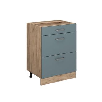 Vicco Küchenunterschrank R-Line, Blau-Grau/Goldkraft Eiche, 60 cm mit Schubladen, ohne Arbeitsplatte