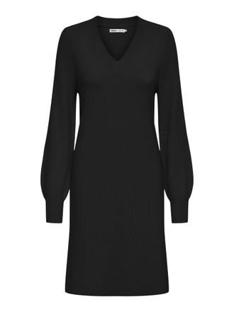 Only Damen Strickkleid Midi-L&auml;nge V-Ausschnitt Ballon&auml;rmel Elegant, Farben:Schwarz-2, Gr&ouml;&szlig;e:XS