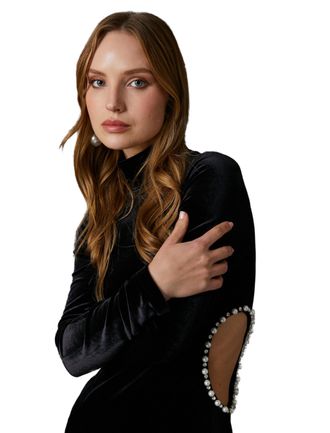 Koton Women High Neck Long Sleeve Pearl Cut Out Detail Midi Velvet Dress