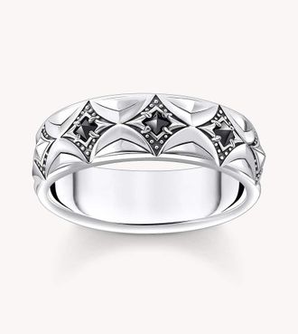Thomas Sabo Bague effet noirci &agrave; motif losanges et zircons - Argent&eacute; et noir