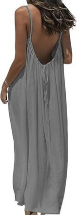 Generic Robe caraco longue sans manches pour femme - Dos nu - Robe d&eacute;t&eacute; fluide - Pour le salon, la maison, les vacances, la plage - Avec noeud dans le dos, gr