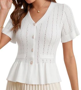 Grace Karin Cardigan dété décontracté à manches courtes et col en V avec boutons à la taille et ourlet à volants, cardigan élégant pour lextérieur, blanc, XL