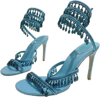 Generic YUJIEBB Sandales d&eacute;t&eacute; &agrave; talons hauts pour femme avec strass et perles de cheville serpent ficelle autour des chaussures de mariage sandales de gladiat