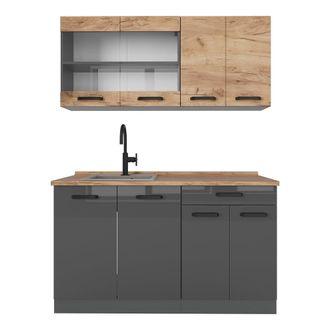 Vicco K&uuml;chenzeile R-Line, Goldkraft Eiche/Anthrazit, 140 cm zweifarbige Schr&auml;nke, AP Eiche