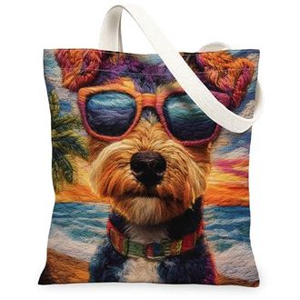 Generic Summer Airedale Terrier Sac fourre-tout en toile pour faire du shopping, 33 x 38,1 cm, sac r&eacute;utilisable &agrave; motif imprim&eacute; de chiot c&ocirc;tier pour femme, pe