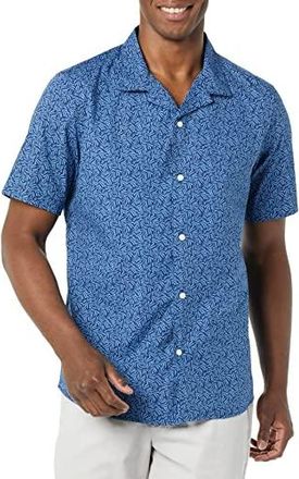 Amazon Essentials Chemise de Vacances boutonnée en Coton pour Homme, Manches Courtes, imprimé Feuilles de Palmier Indigo, Taille XL