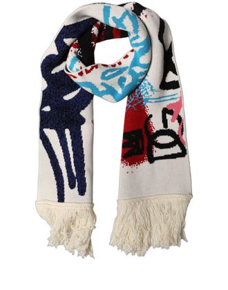 Dolce & Gabbana Graphic Cashmere-Wool Fringed Scarf - White