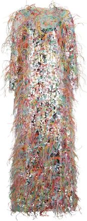 Valentino Garavani robe mi-longue orn&eacute;e de plumes &agrave; sequins - Argent