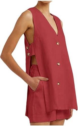 Generic Ensemble d&eacute;t&eacute; surdimensionn&eacute; en lin respirant d&eacute;contract&eacute; avec col en V boutonn&eacute; et short &agrave; taille &eacute;lastique avec poche pour sortir, Rouge, XXL