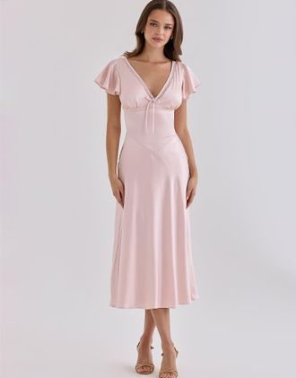 House of CB Ravella robe de th&eacute; midi rose en soie v&eacute;ritable &agrave; col V